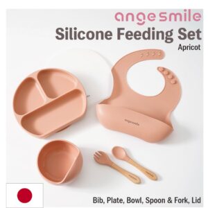 Baby Feeding Essentials Silicone Ange Smile 12 Set Bib, Baby Bowl, Suction Plate, Spoon, Fork Eating Utensils for 6+ Months Kids Toddler Kawaii Pink Peach