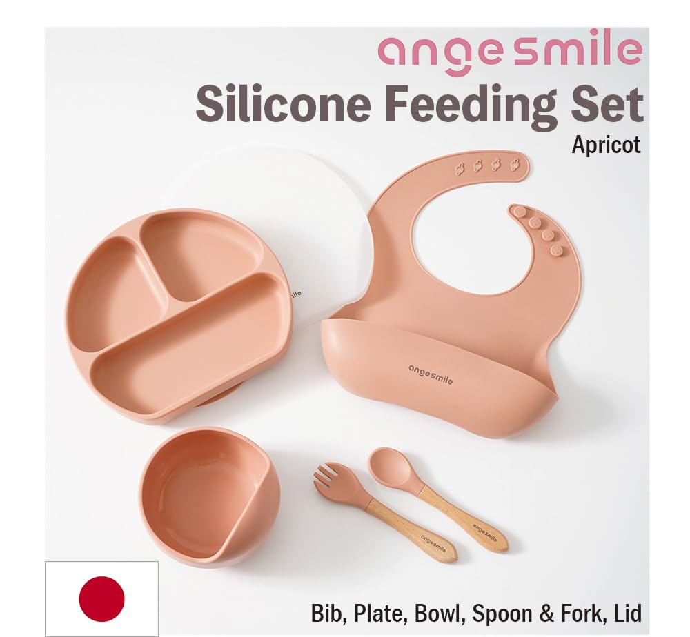 Baby Feeding Essentials Silicone Ange Smile 12 Set Bib, Baby Bowl, Suction Plate, Spoon, Fork Eating Utensils for 6+ Months Kids Toddler Kawaii Pink Peach