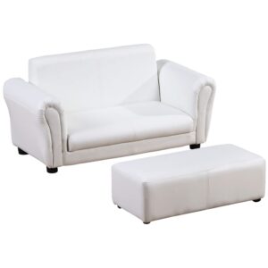 qaba kids sofa with footstool for children, toddler couch for playroom, nursery, living room, bedroom furniture, white