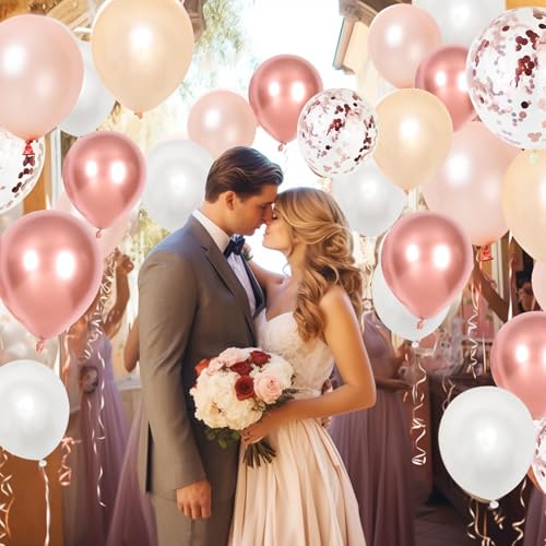 Dagelar Rose Gold Balloons Set, Pearl Champagne Gold Rose Gold and White Birthday Balloons, Metallic Rose Gold Confetti Balloons for Girls Women Birthday Party Wedding Bridal Shower Decorations