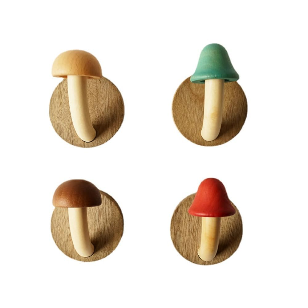 Auntzyj Fun Wooden Mushroom Coat Hook, Non-Perforated Solid Wood Hook, Kitchen Bathroom Cloakroom Door Hook (4 pcs)