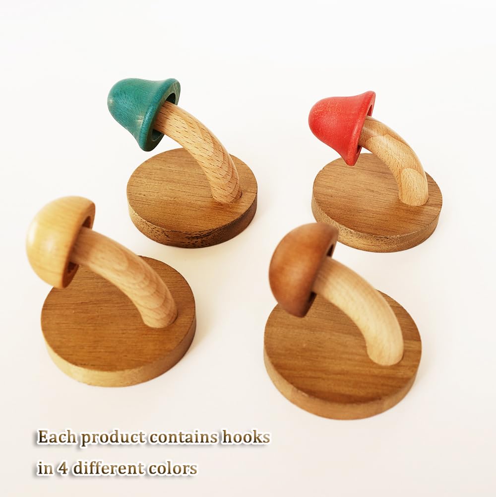 Auntzyj Fun Wooden Mushroom Coat Hook, Non-Perforated Solid Wood Hook, Kitchen Bathroom Cloakroom Door Hook (4 pcs)