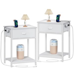 furologee white nightstands set of 2 with charging station, small bed side table with fabric drawer for small spaces, 2 tiers storage shelves end table for living room, bedroom, dorm