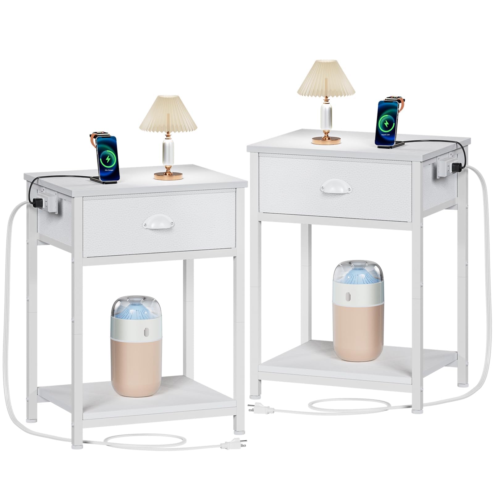 Furologee White Nightstands Set of 2 with Charging Station, Small Bed Side Table with Fabric Drawer for Small Spaces, 2 Tiers Storage Shelves End Table for Living Room, Bedroom, Dorm