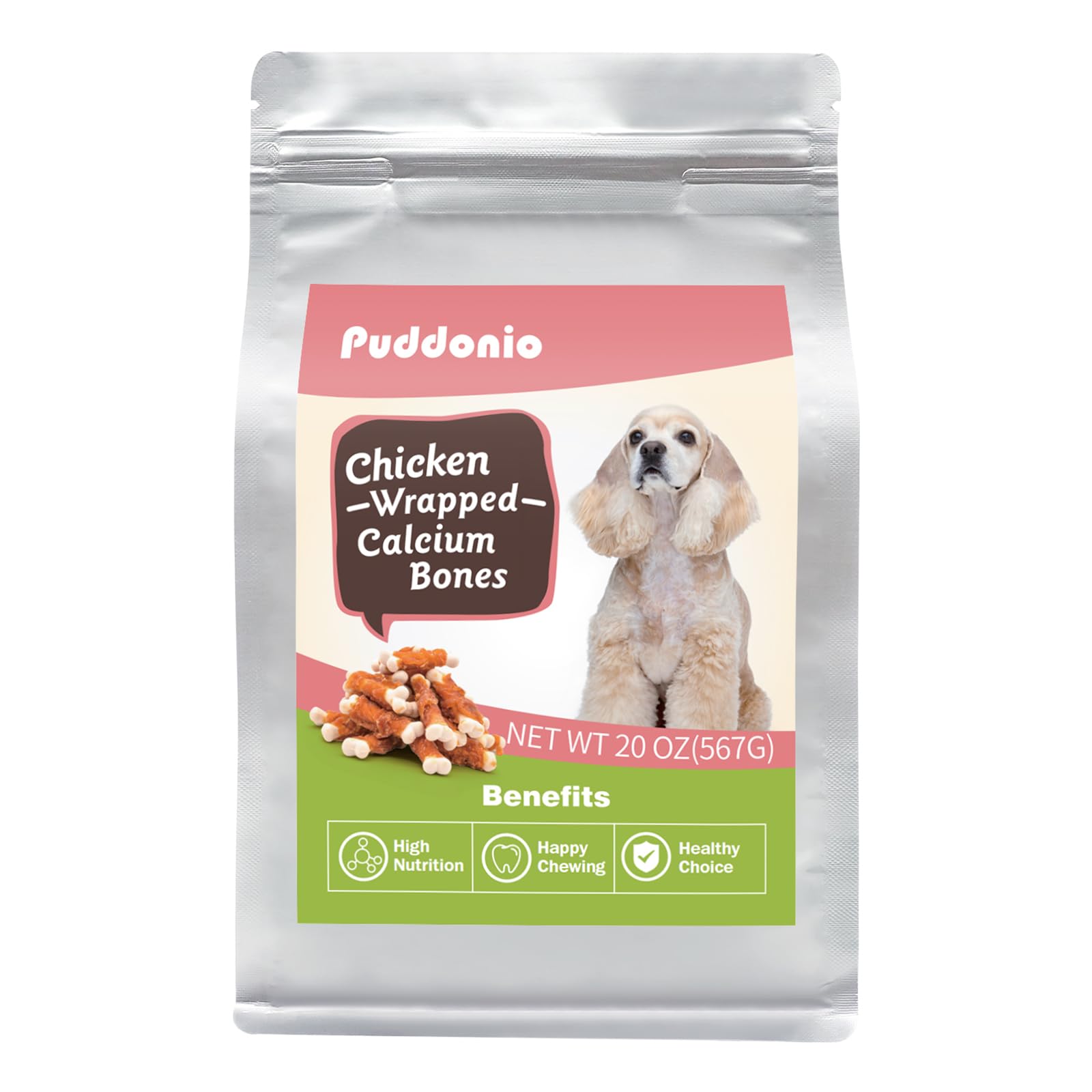 Puddonio Dog Treats, 2.3 Inch Chicken Wrapped Calcium Bones, Rawhide Free Dog Training Treats, Soft Dog Chews for Puppy and Small Dogs, 20 oz