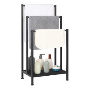 freestanding towel rack, 3 tier metal towel rack blanket rack stand for bedroom standing towel rack black bath towel holder stand floor for bathroom floor towel rack with wooden storage shelf