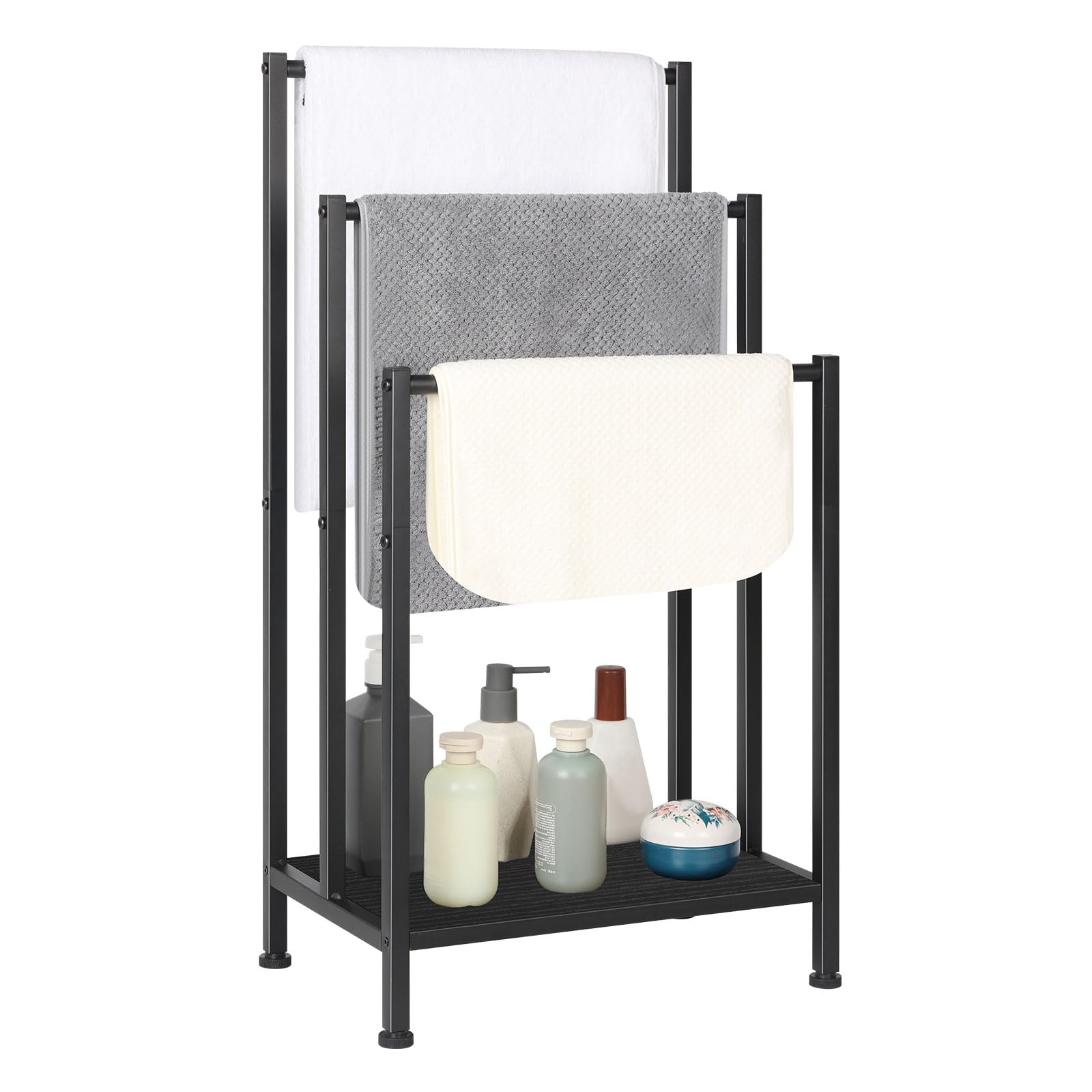 Freestanding Towel Rack, 3 Tier Metal Towel Rack Blanket Rack Stand for Bedroom Standing Towel Rack Black Bath Towel Holder Stand Floor for Bathroom Floor Towel Rack with Wooden Storage Shelf