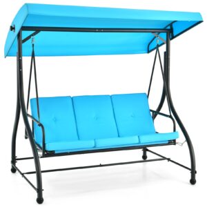 happygrill 3 seat outdoor porch swing, 2-in-1 swing glider with adjustable canopy, removable cushions, foot pad, curved handrails, outdoor swing for patio yard garden balcony backyard, turquoise