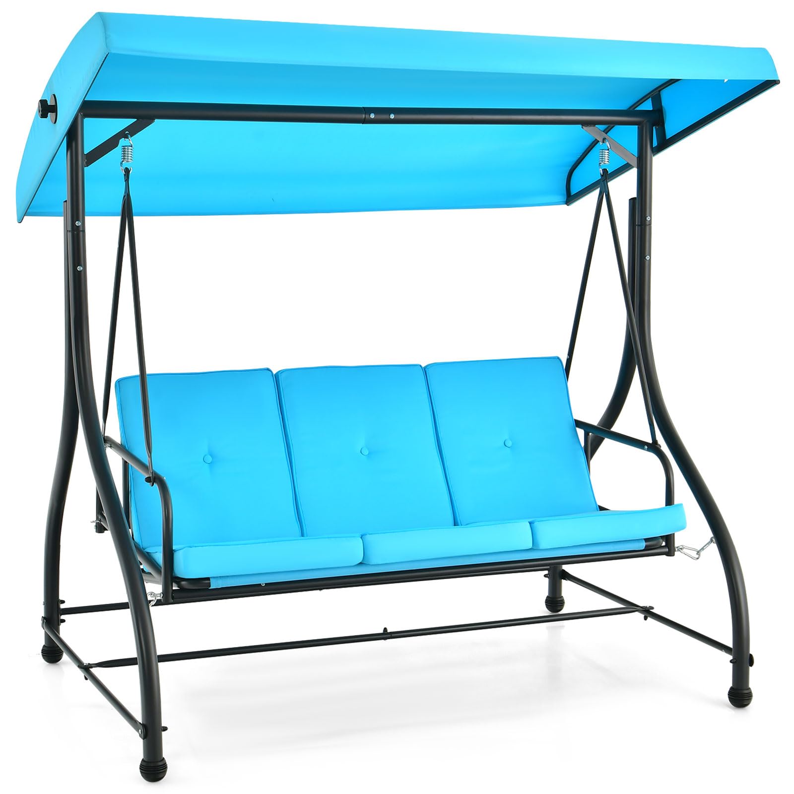 HAPPYGRILL 3 Seat Outdoor Porch Swing, 2-in-1 Swing Glider with Adjustable Canopy, Removable Cushions, Foot Pad, Curved handrails, Outdoor Swing for Patio Yard Garden Balcony Backyard, Turquoise