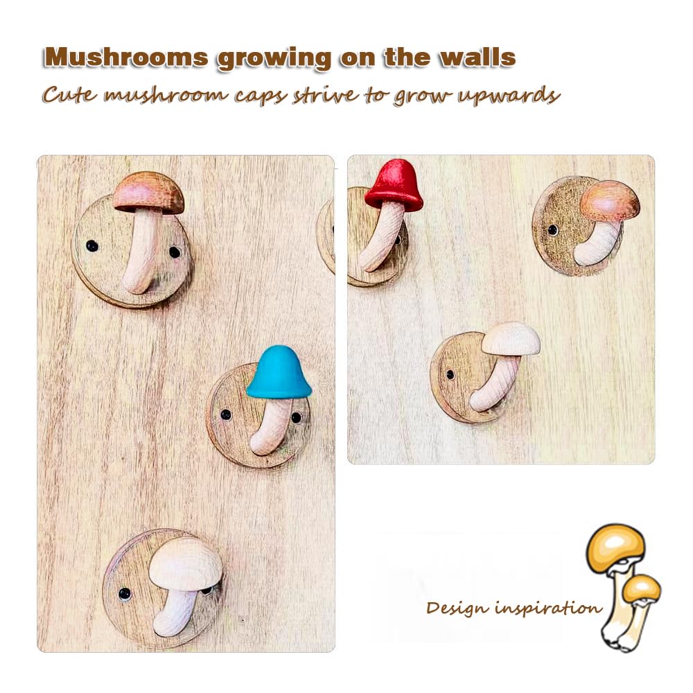 Auntzyj Fun Wooden Mushroom Coat Hook, Non-Perforated Solid Wood Hook, Kitchen Bathroom Cloakroom Door Hook (4 pcs)