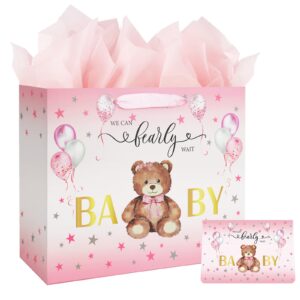 13" large baby shower birthday gift bag for girl with tissue papers and card pink balloons bear design with handles