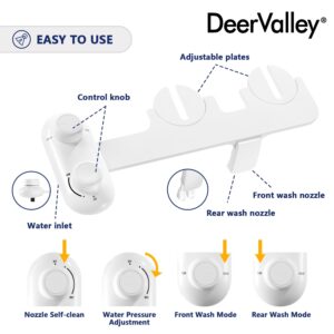 DeerValley DV-1B0095 Non-Electric Toilet Bidet Attachment System with Dual Nozzles,Adjustable Water Pressure, Rear and Feminine Wash,White