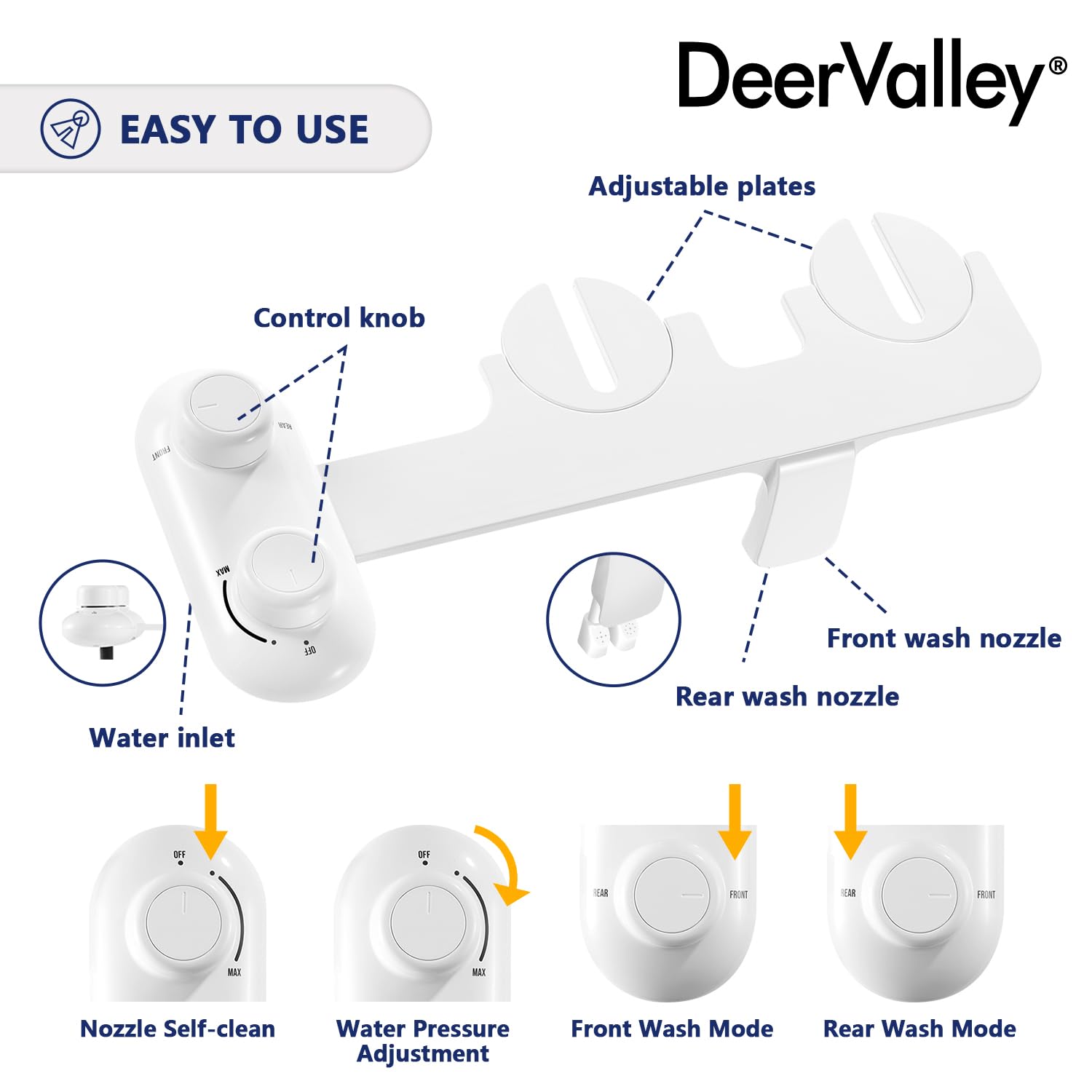 DeerValley DV-1B0095 Non-Electric Toilet Bidet Attachment System with Dual Nozzles,Adjustable Water Pressure, Rear and Feminine Wash,White