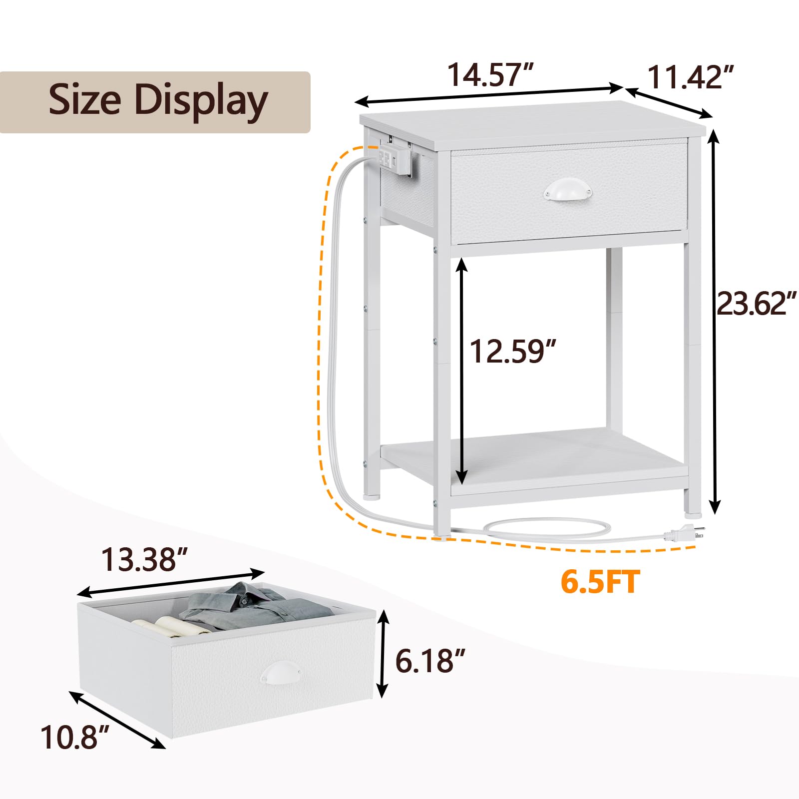 Furologee White Nightstands Set of 2 with Charging Station, Small Bed Side Table with Fabric Drawer for Small Spaces, 2 Tiers Storage Shelves End Table for Living Room, Bedroom, Dorm