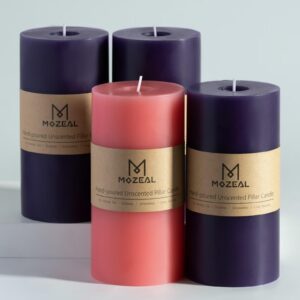 mozeal 3" x 6" hand-poured, unscented advent pillar candles. each candle offers approx 115 hours of clean, long-lasting burn time. this dripless advent candles set of 4 is ideal for advent wreath