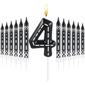 mtlee 13 pcs racing cars themed birthday candles black and white checkered candle 1 to 9 number candle truck candle cake topper for racing car party decoration baby shower party supplies(number 4)