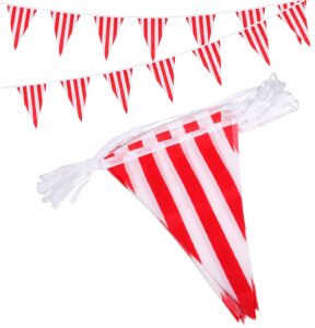 red & white striped pennant banners, reusable polyester cloth flags for carnival circus party decorations, birthday celebrations, tent camping (30 feet - 21 large flags)