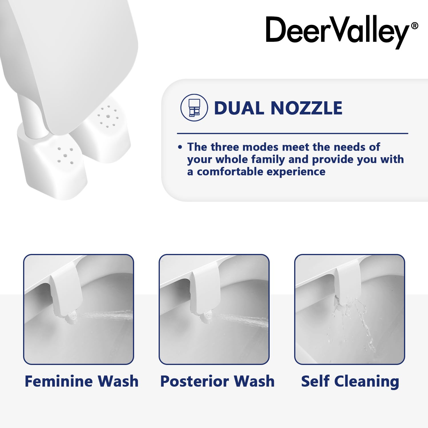 DeerValley DV-1B0095 Non-Electric Toilet Bidet Attachment System with Dual Nozzles,Adjustable Water Pressure, Rear and Feminine Wash,White