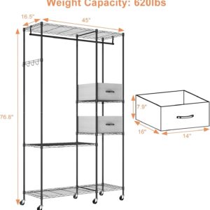 COCOBELA Heavy Duty Clothes Rack with Shelves, Garment Rack with Drawers, Clothing Racks with Wheels, Portable Clothing Storage Rack for Hanging Clothes Freestanding Closet Metal Wardrobe