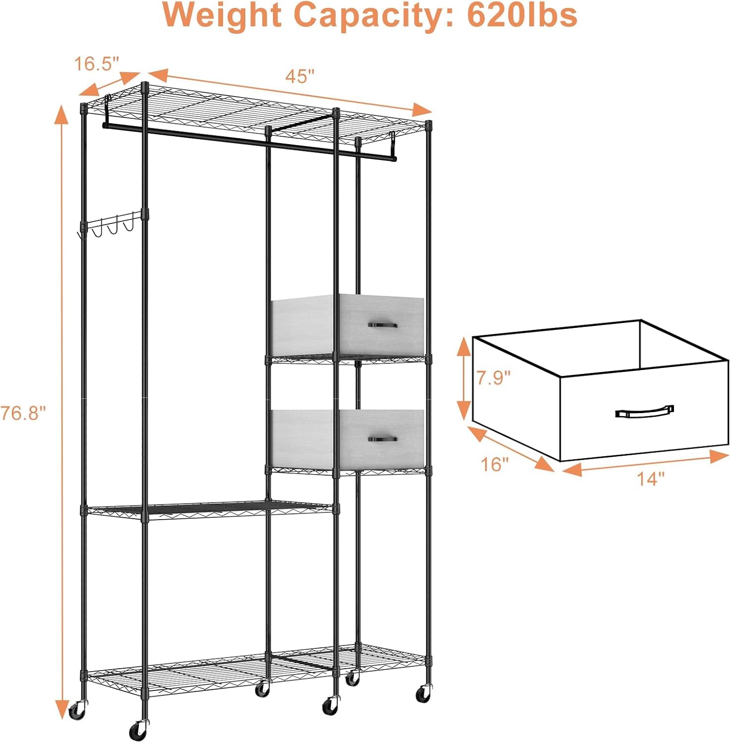 COCOBELA Heavy Duty Clothes Rack with Shelves, Garment Rack with Drawers, Clothing Racks with Wheels, Portable Clothing Storage Rack for Hanging Clothes Freestanding Closet Metal Wardrobe