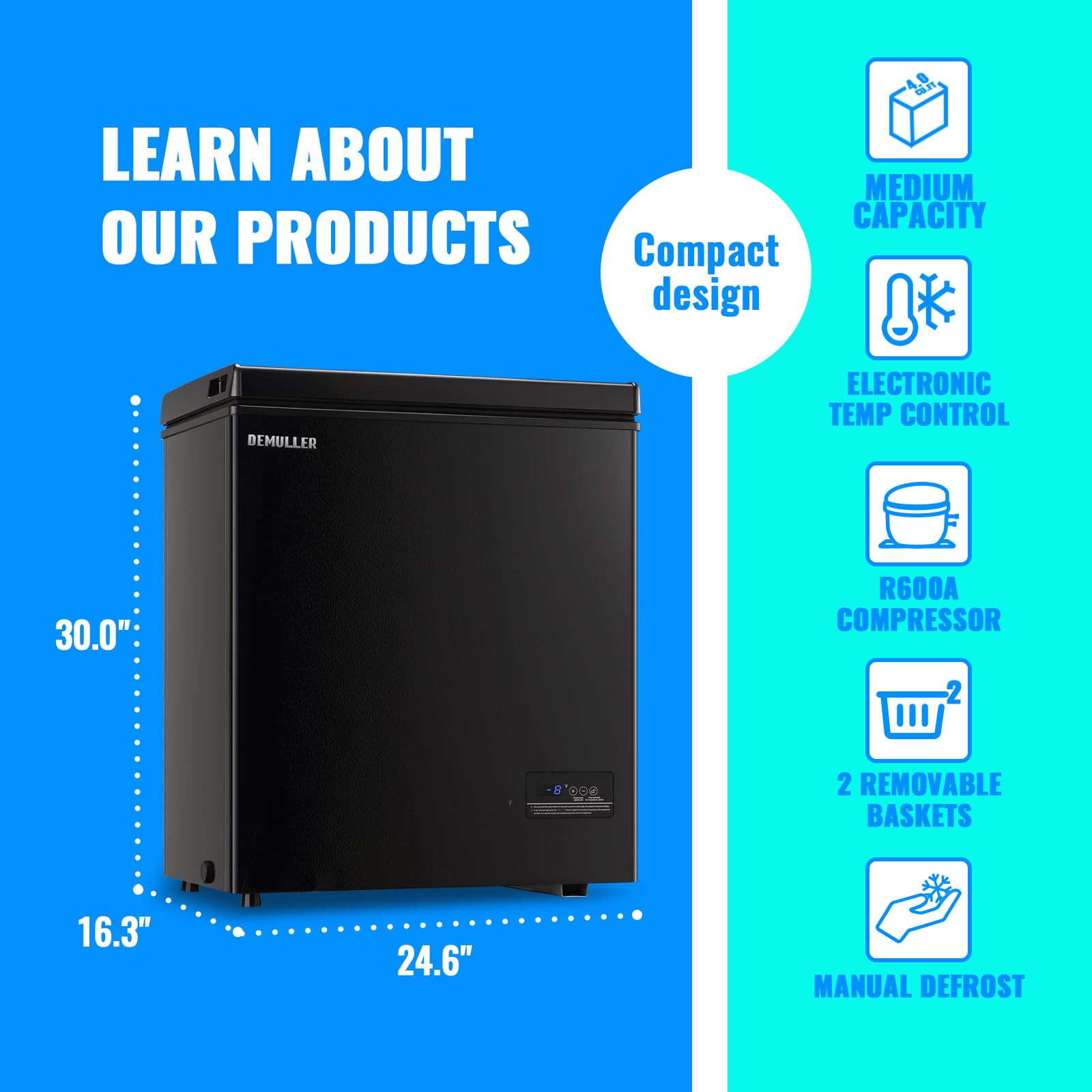 DEMULLER Chest Freezer 4.0 CU. FT Ultra-low Temperature Deep Freezers (Down to -12 ℉) with TWO Removable Baskets Accurate Display of Cabinet Temp Freestanding Black