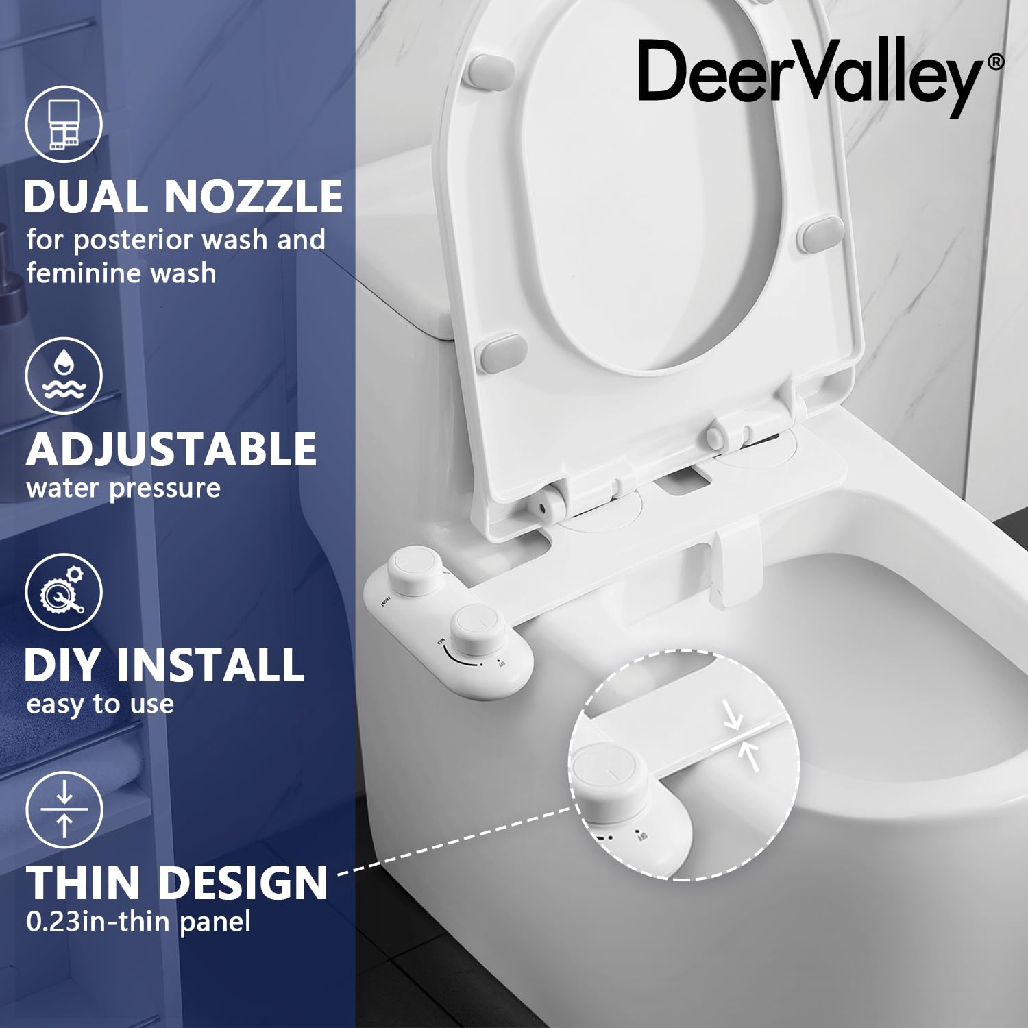 DeerValley DV-1B0095 Non-Electric Toilet Bidet Attachment System with Dual Nozzles,Adjustable Water Pressure, Rear and Feminine Wash,White