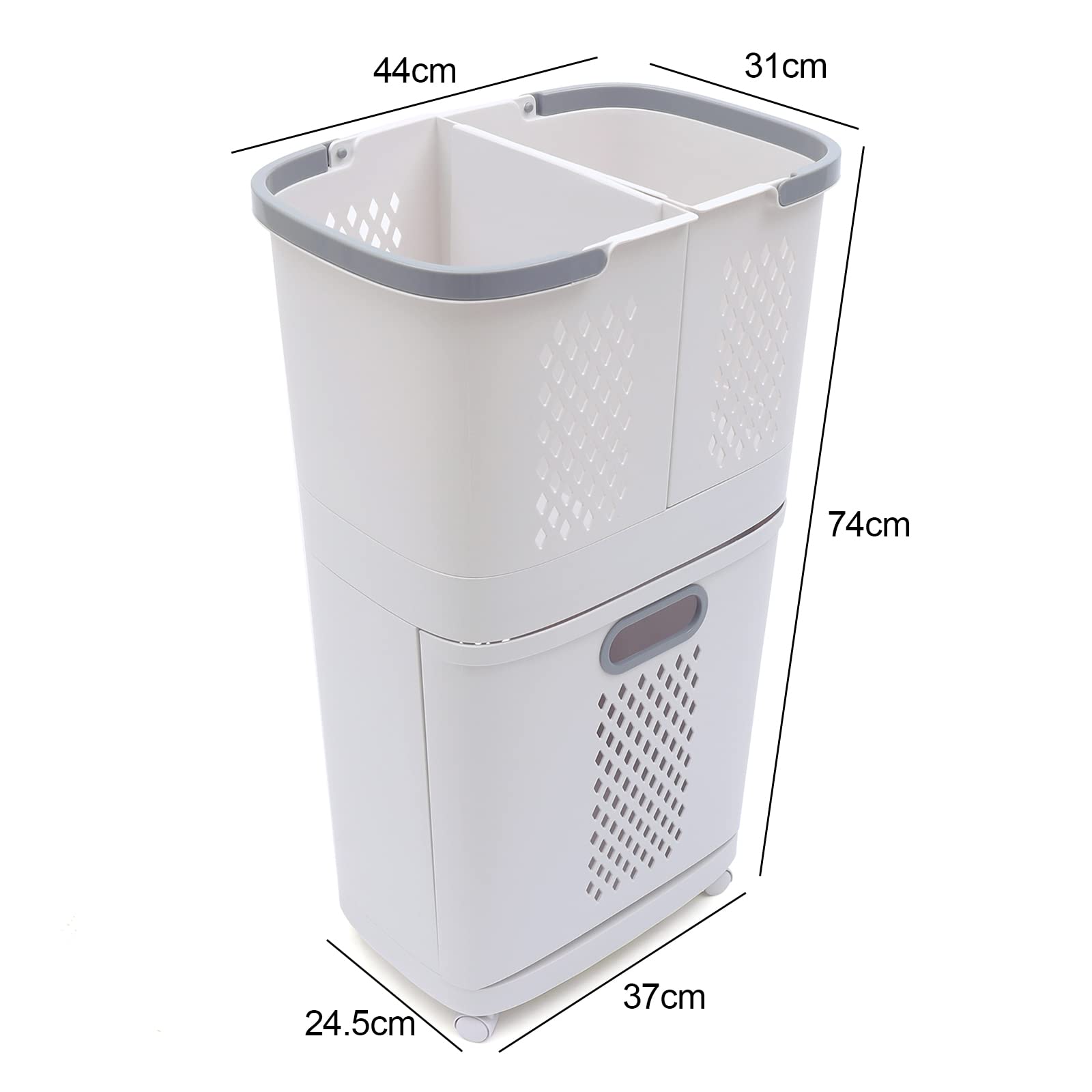 Headery 2 Layer 3 Movable Household Laundry Baskets, PP Laundry Hamper with Universal Wheels, Large Floor-standing Clothes Storage Dirty Clothes Basket with Thickened Handles(White)