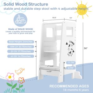 Kids Step Stool Toddler Learning Tower Solid Wood Kids Learning Stool, Kids' Standing Tower, Baby Standing Tower for Counter, Children Standing Stool - White