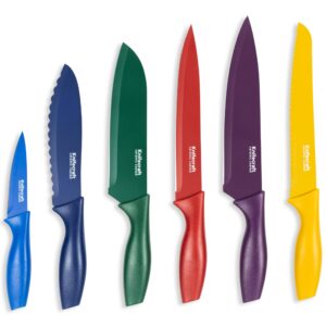 knifecraft 12-piece color coded kitchen knife set, non-stick ceramic coated stainless steel with 6 blade guards, dishwasher safe, perfect for gifting