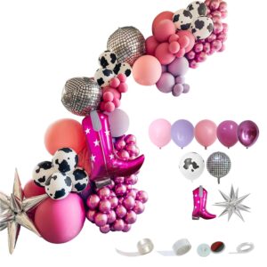 mydecorbl cowgirl balloon garland arch kit,121 pcs farm theme cow printed chrome hot pink with boot balloons for baby shower graduation party wedding birthday engagement party