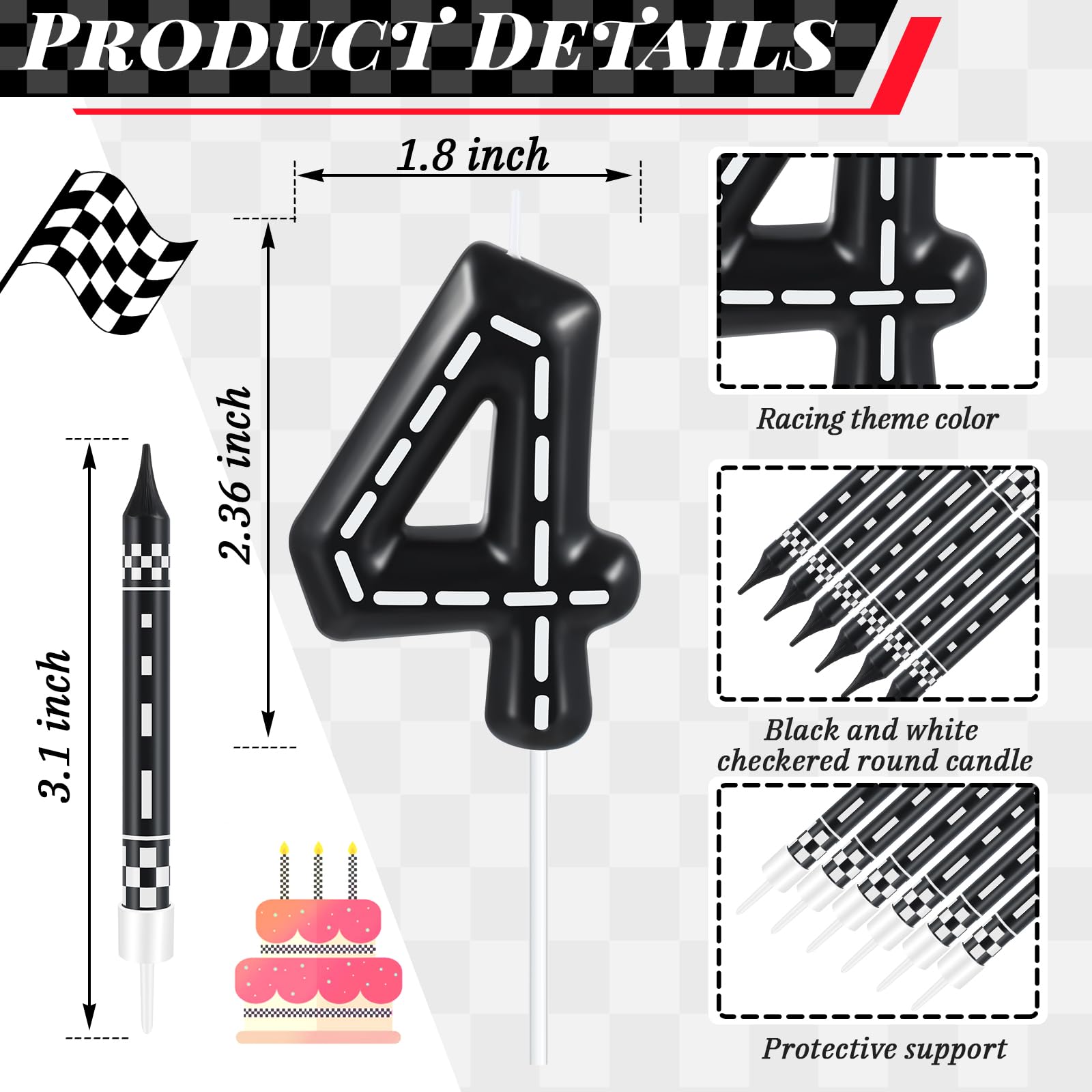 MTLEE 13 Pcs Racing Cars Themed Birthday Candles Black and White Checkered Candle 1 to 9 Number Candle Truck Candle Cake Topper for Racing Car Party Decoration Baby Shower Party Supplies(Number 4)