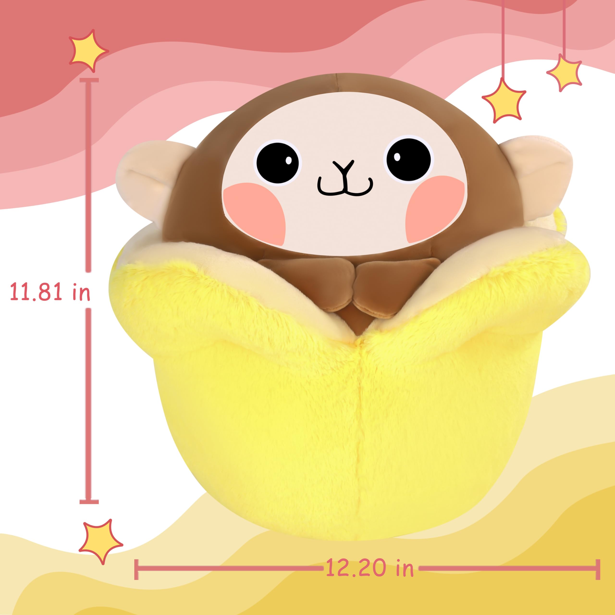 PLAYNICS Large Banana Monkey Plush Pillow Stuffed Animal Toy,Big Size Cute Soft 12" Fat Kawaii Hugging Cuddle Plushie,Gift for Kids (Banana Monkey)