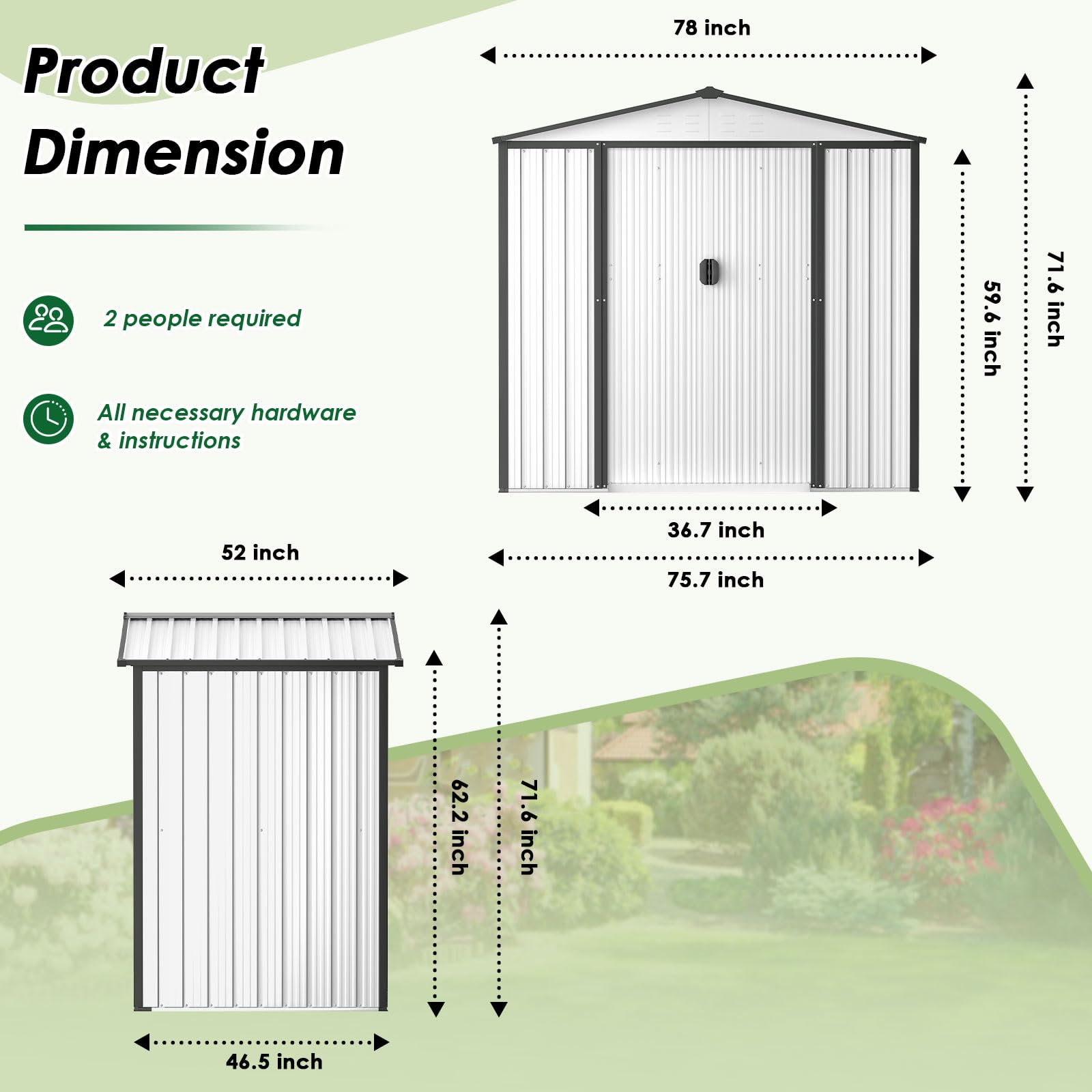 Patiomore 4x6 FT Outdoor Storage Shed Double Sloping Roof Garden Shed, Metal Shed Kit with Double Doorknobs and Air Vents Galvanized Metal Storage Shed with Sliding Door, White