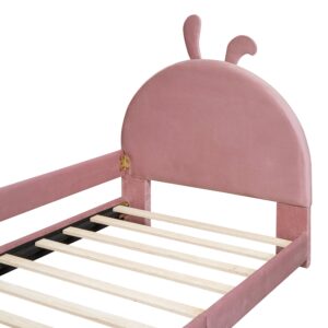 Twin Size Upholstered Daybed Bed Frame for Boys Girls Kids Toddler with Rabbit Ear Shaped Headboard, Pink