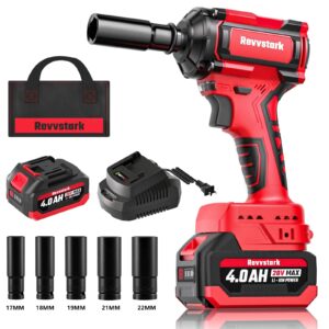 revvstark impact wrench, max torque 480 ft-lbs / 650n.m cordless 1/2 impact driver, 20v 3000rpm power impact gun with 4.0ah li-ion battery and 1.5h fast charger, 5 pcs impact sockets included