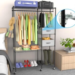 cocobela heavy duty clothes rack with shelves, garment rack with drawers, clothing racks with wheels, portable clothing storage rack for hanging clothes freestanding closet metal wardrobe