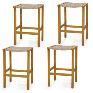 tangkula outdoor bar stools set of 4, 30 inches high acacia wood heavy duty bar height stools with pe rattan saddle seat, for patio, garden, poolside and balcony, teak