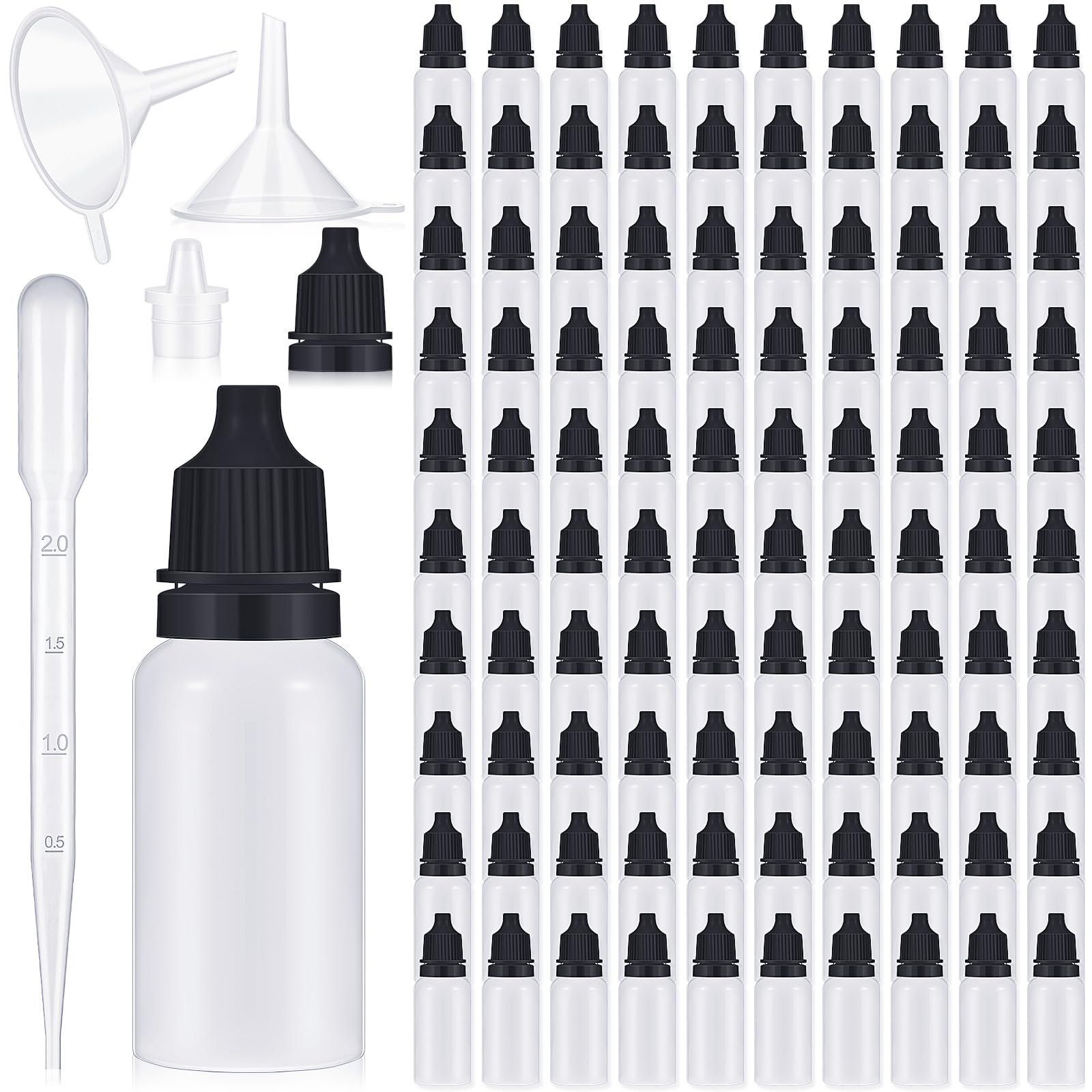 Uiifan 100 Plastic Dropper Bottle Squeezable Liquid Dropper Eye Dropper Bottle with Screw Cap 10 Funnel Dropper for Eye Drop (Black,10 ml)