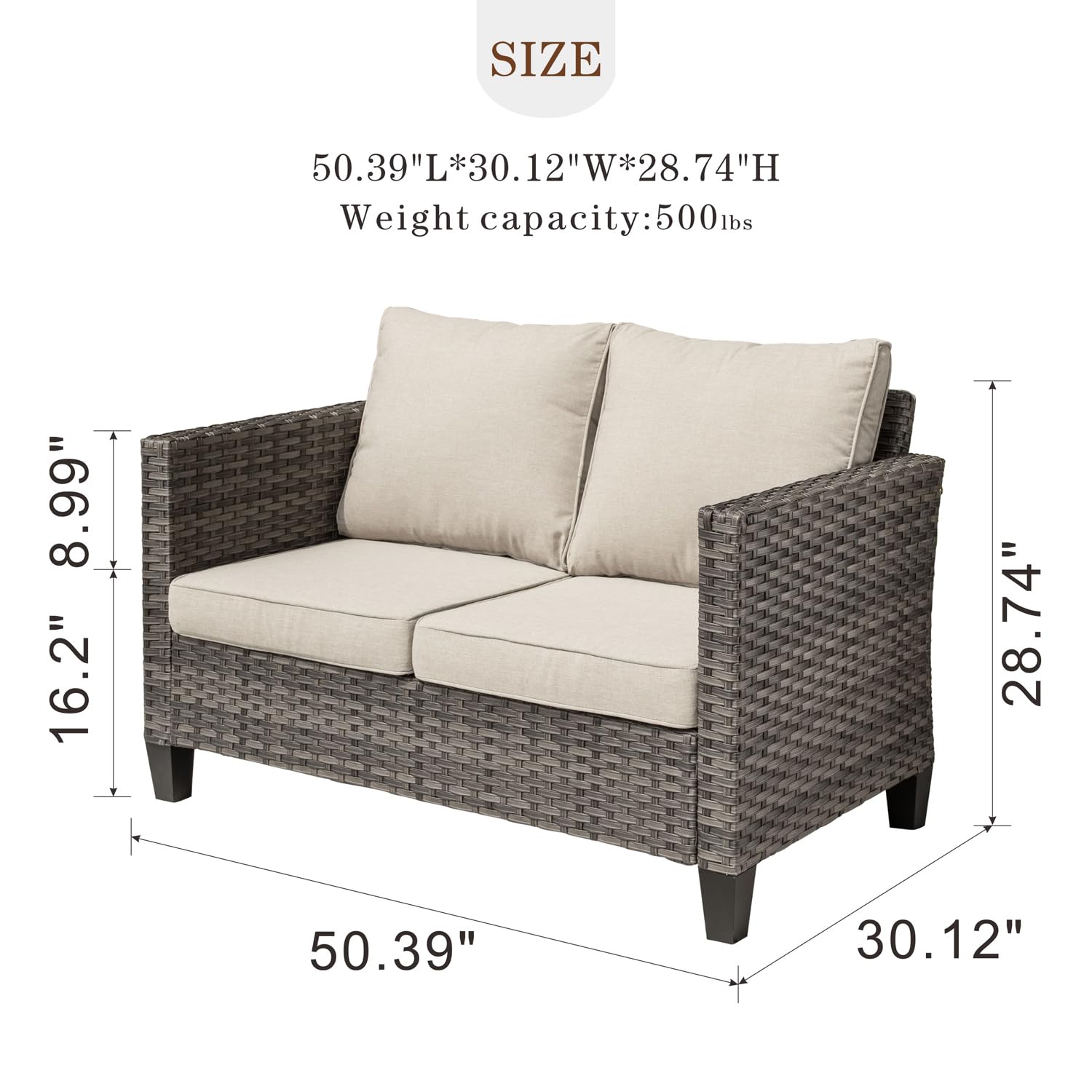 XIZZI Patio Loveseat Grey Wicker Outdoor Love Seat 2 Seater Sofa for Balcony,Deck,Yard and Garden,Beige