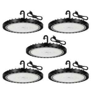 5 pack led high bay light 5000k 200w ufo high bay lights 21,000lm with us plug commercial bay lighting for barn garage warehouse car wash shop ufo lights hanging chain