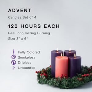 MOZEAL 3" x 6" Hand-Poured, Unscented Advent Pillar Candles. Each Candle Offers Approx 115 Hours of Clean, Long-Lasting Burn time. This Dripless Advent Candles Set of 4 is Ideal for Advent Wreath