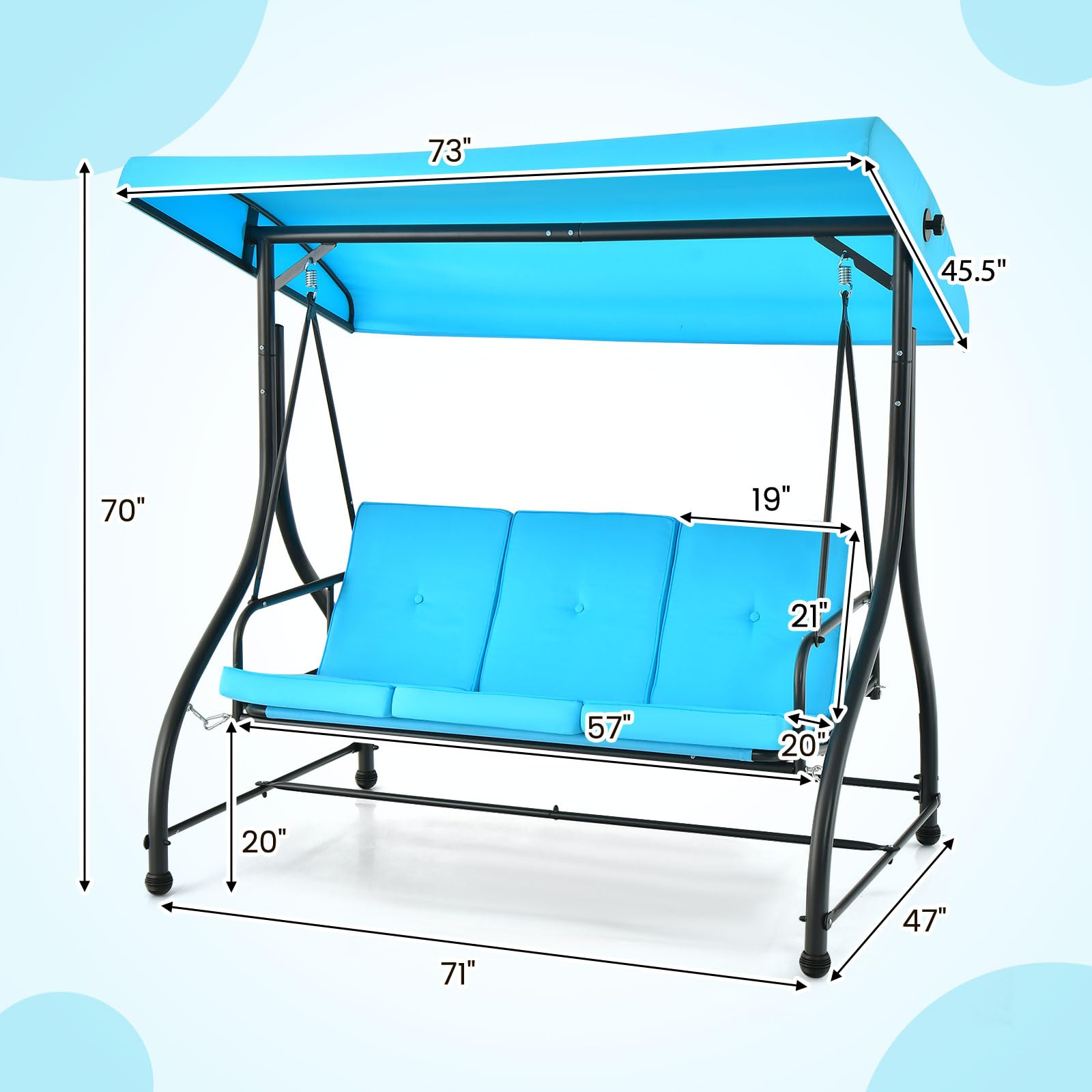 HAPPYGRILL 3 Seat Outdoor Porch Swing, 2-in-1 Swing Glider with Adjustable Canopy, Removable Cushions, Foot Pad, Curved handrails, Outdoor Swing for Patio Yard Garden Balcony Backyard, Turquoise