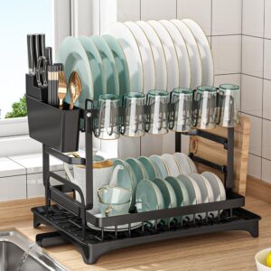 dish drying rack, multifunctional dish rack, rustproof kitchen dish drying rack with drainboard, space-saving 2-tier dish drying rack with utensil holder & cup holder for kitchen counter,black