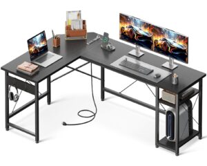 coleshome l shaped computer desk 66" with power outlet & storage shelves, corner sturdy writing desk workstation, modern wooden office gaming desk, wood & metal, black