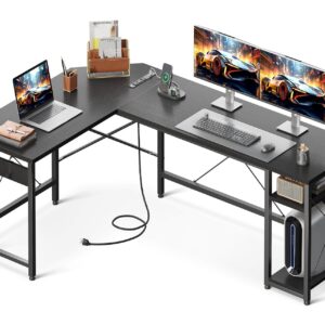 Coleshome L Shaped Computer Desk 66" with Power Outlet & Storage Shelves, Corner Sturdy Writing Desk Workstation, Modern Wooden Office Gaming Desk, Wood & Metal, Black