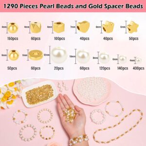 1290 Pieces Pearl Beads and Gold Spacer Beads for Bracelets Making, Assorted Gold Beads, Pearls for Bracelet Jewelry Making Kit