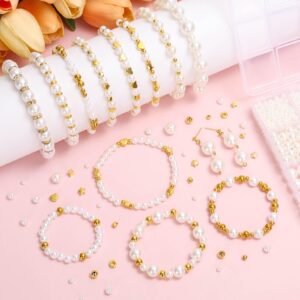 1290 Pieces Pearl Beads and Gold Spacer Beads for Bracelets Making, Assorted Gold Beads, Pearls for Bracelet Jewelry Making Kit