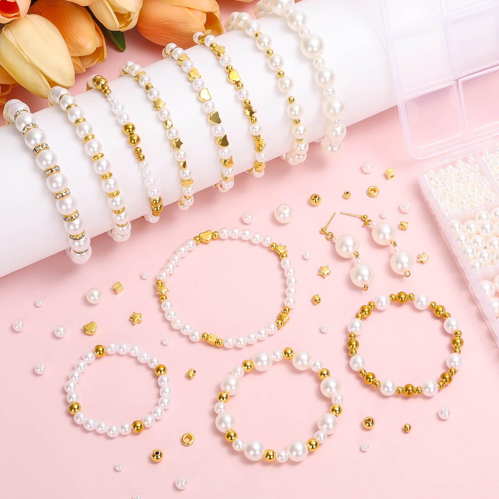 1290 Pieces Pearl Beads and Gold Spacer Beads for Bracelets Making, Assorted Gold Beads, Pearls for Bracelet Jewelry Making Kit