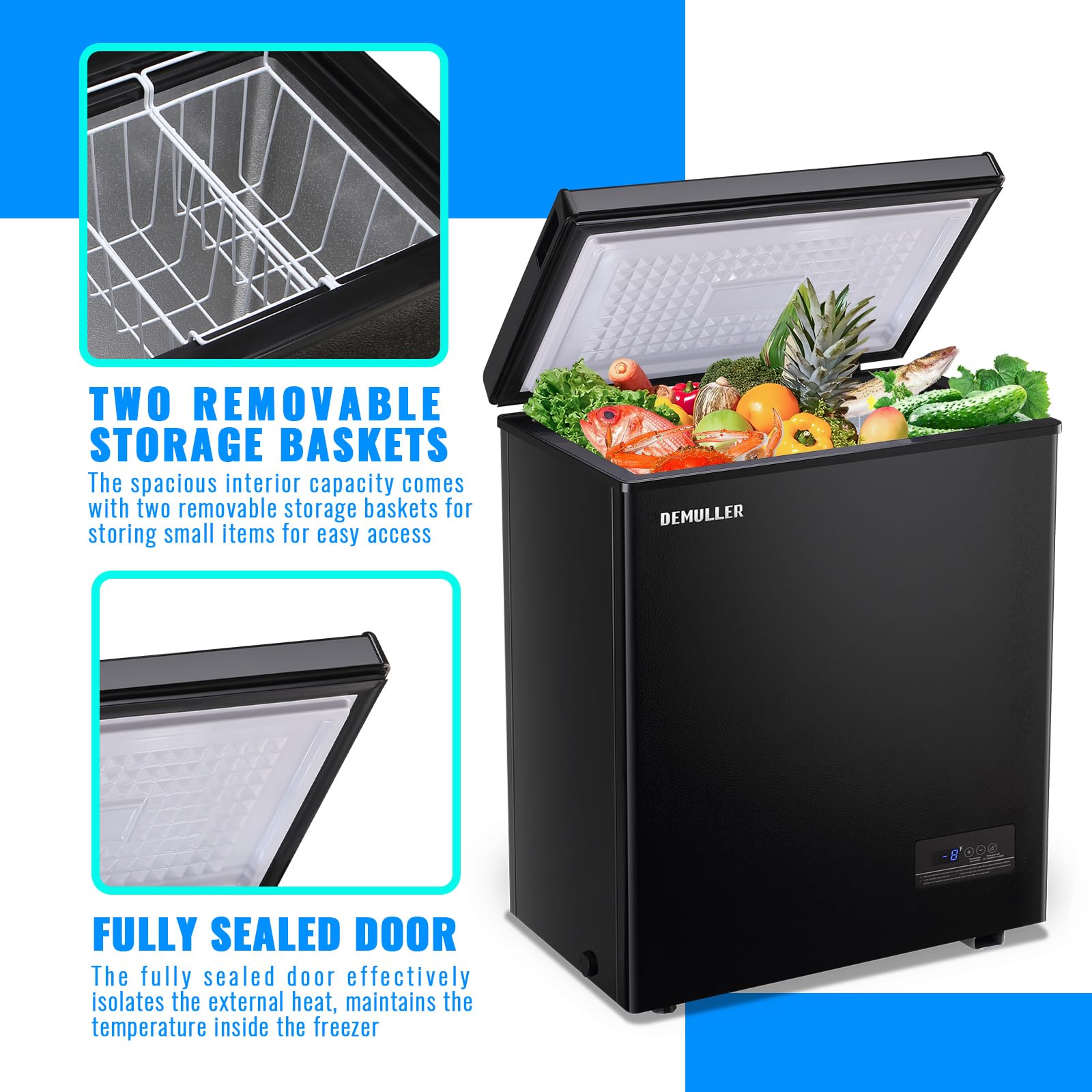 DEMULLER Chest Freezer 4.0 CU. FT Ultra-low Temperature Deep Freezers (Down to -12 ℉) with TWO Removable Baskets Accurate Display of Cabinet Temp Freestanding Black