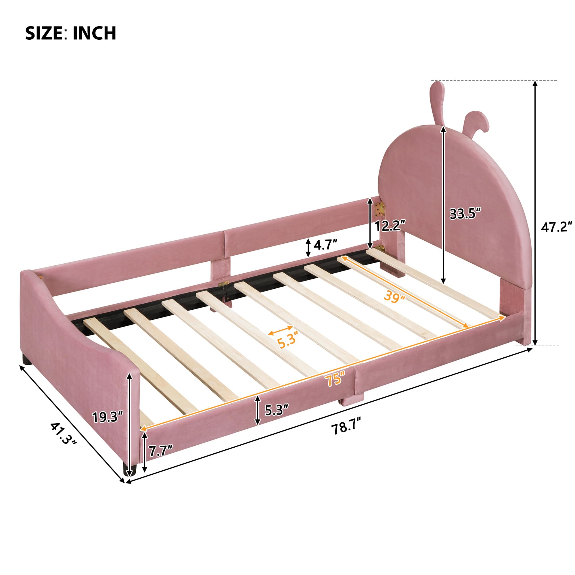 Twin Size Upholstered Daybed Bed Frame for Boys Girls Kids Toddler with Rabbit Ear Shaped Headboard, Pink